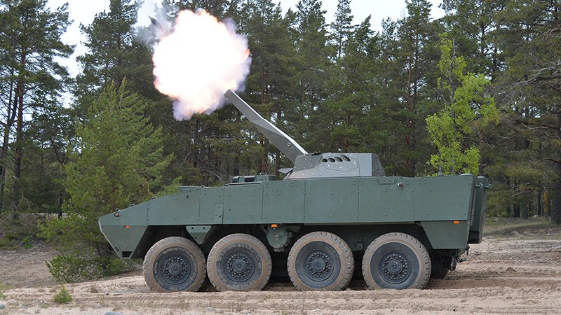 Patria AMV XP wheeled armoured vehicle with NEMO mortar on display in ...